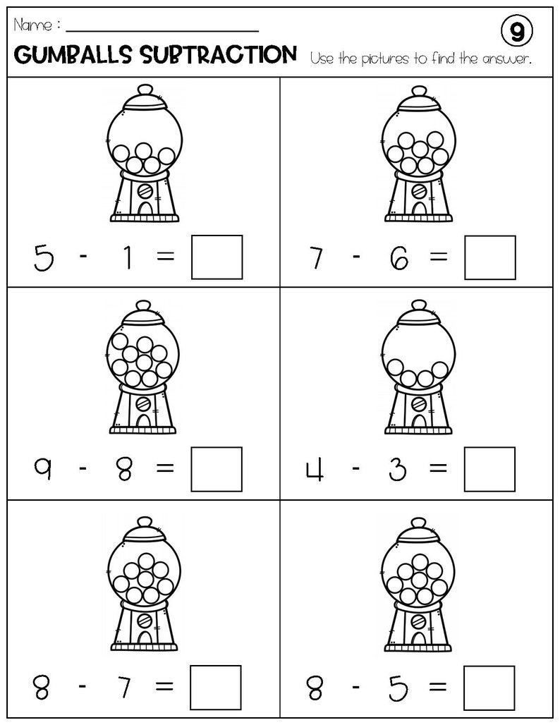Subtraction With Pictures Within 10 Worksheets - Subtracting Gumballs ...
