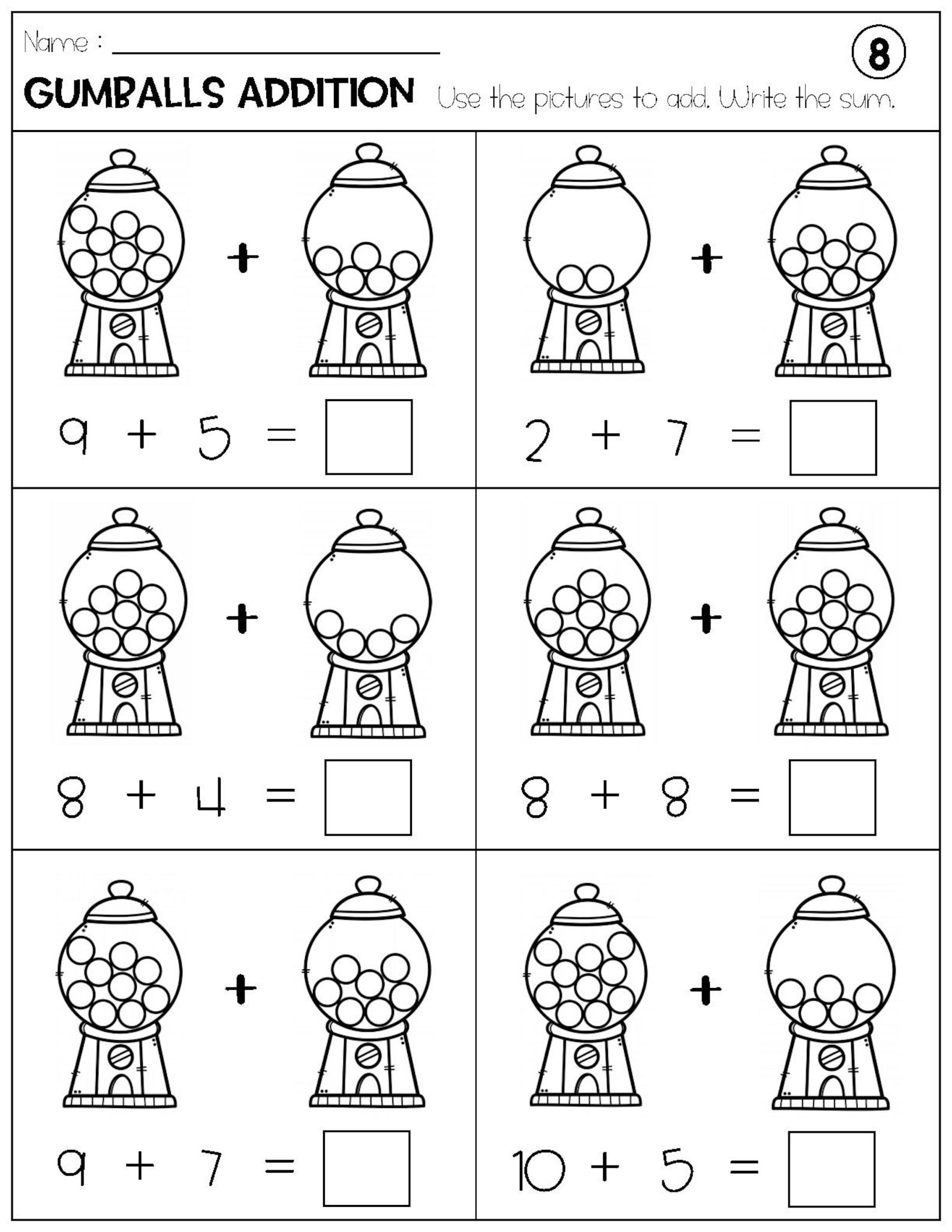 Addition With Pictures Sum up to 20 Worksheets - Adding Gumballs ...