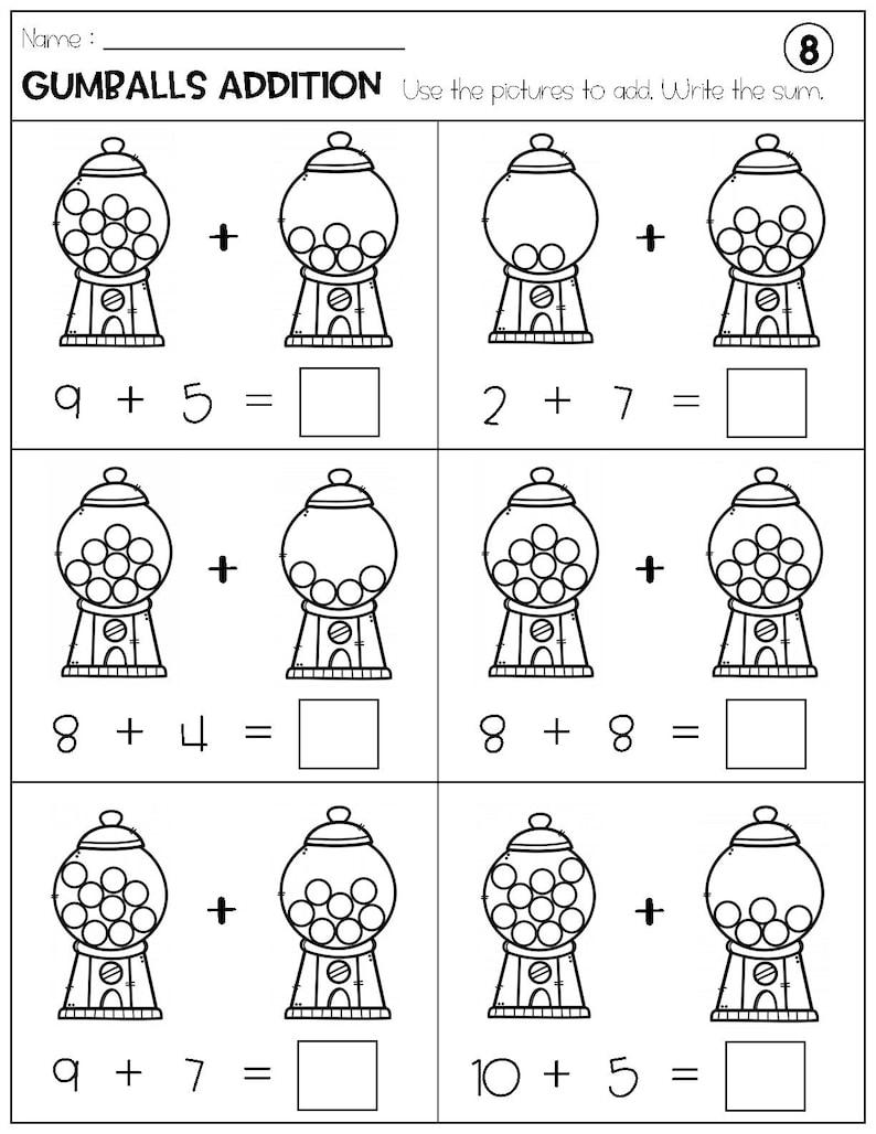 Addition With Pictures Sum up to 20 Worksheets - Adding Gumballs ...