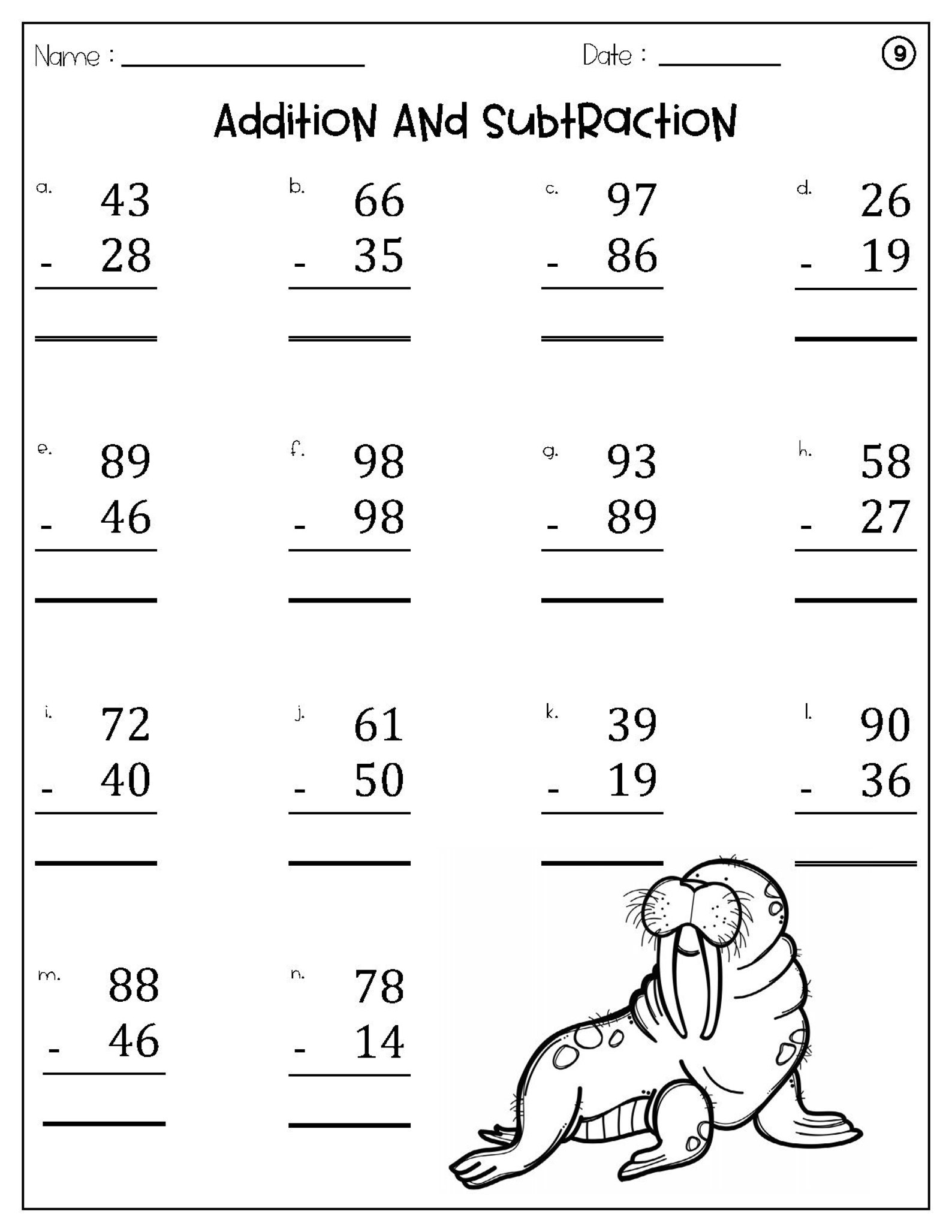 2 Digit Addition and Subtraction Worksheets - Set3 Zoo Theme Math ...