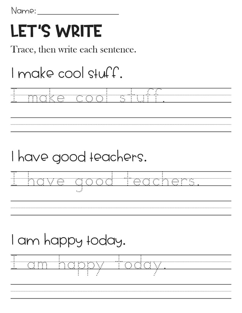 Sentence Writing and Tracing Handwriting Practice Worksheets - Positive ...