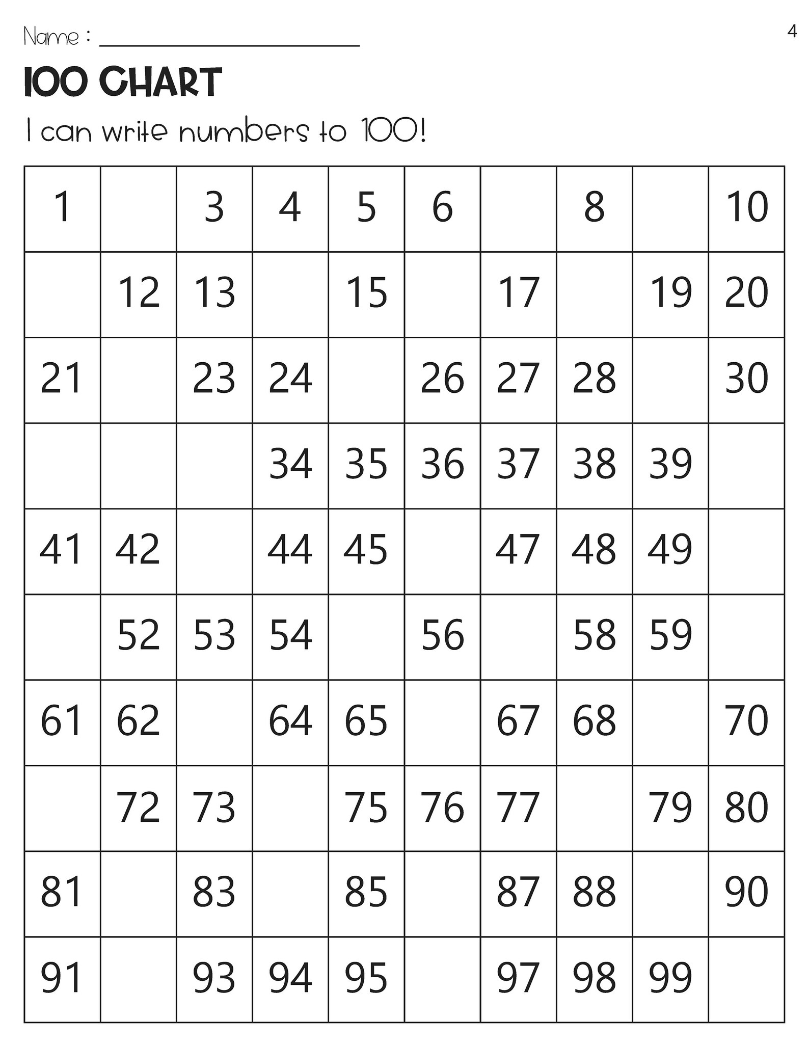 100 Chart Missing Numbers Worksheets - Etsy