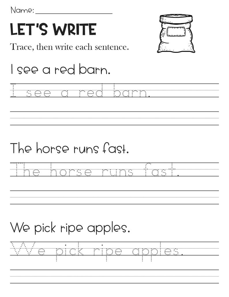 Sentence Writing and Tracing Handwriting Practice - Farm Theme - Etsy