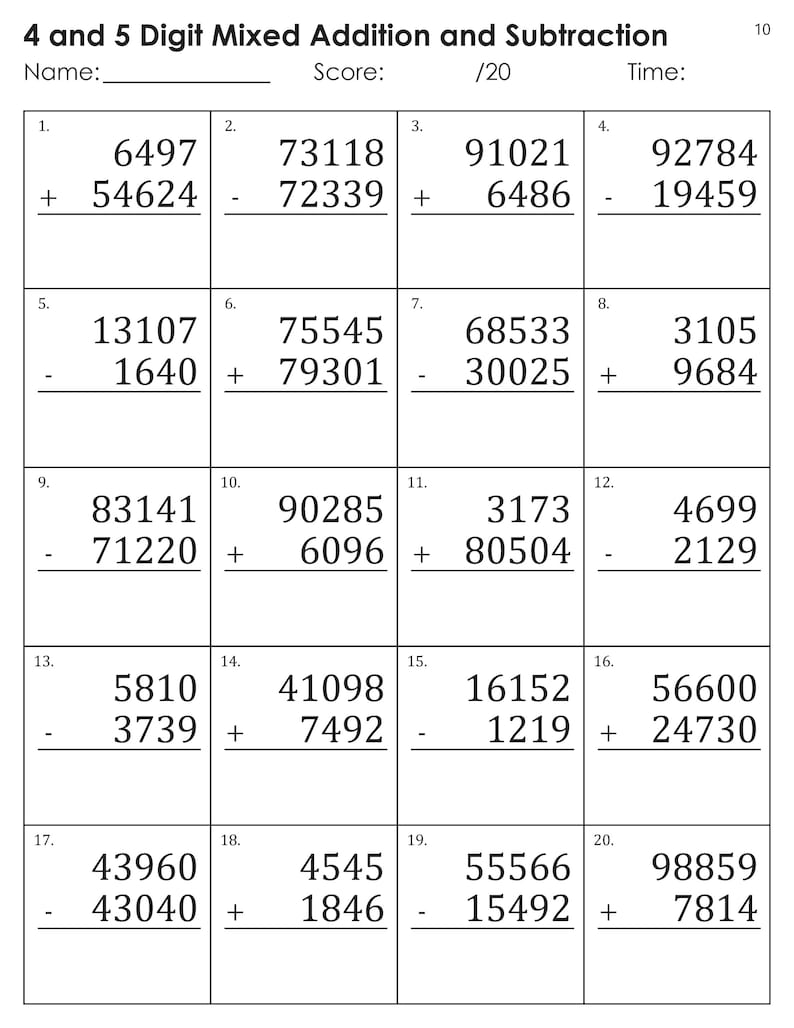 4 and 5 Digit Mixed Addition and Subtraction With Some Regrouping ...