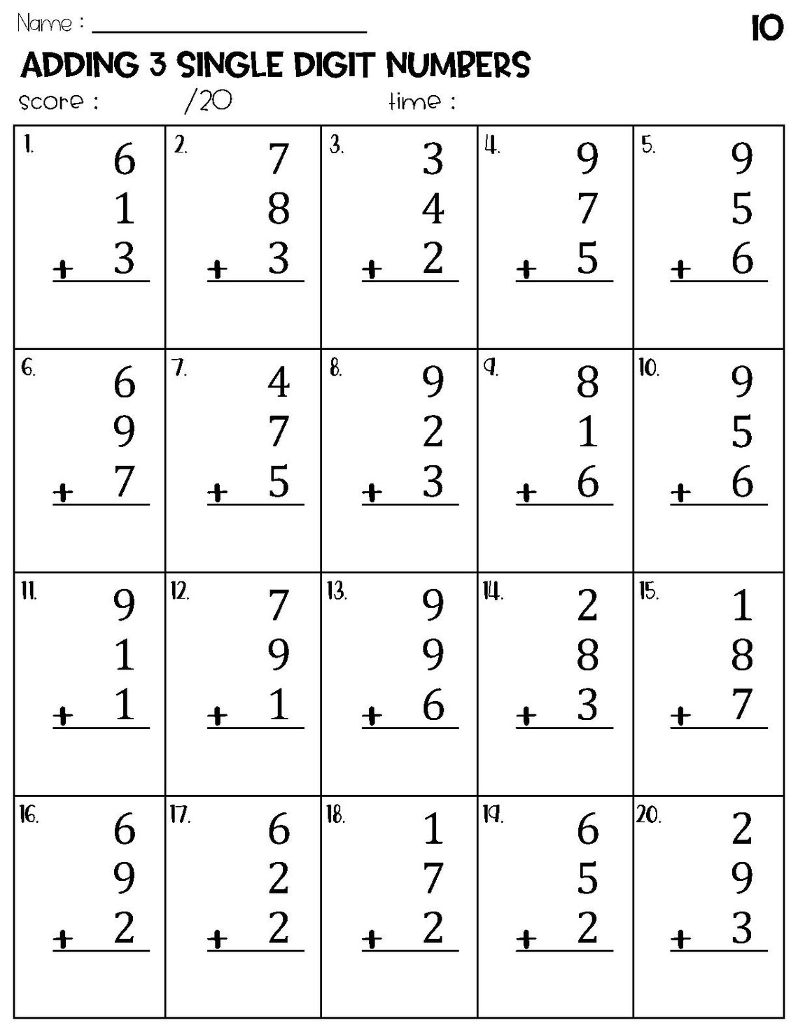 Adding 3 Single Digit Numbers Worksheets - Math Timed Test Addition - Etsy