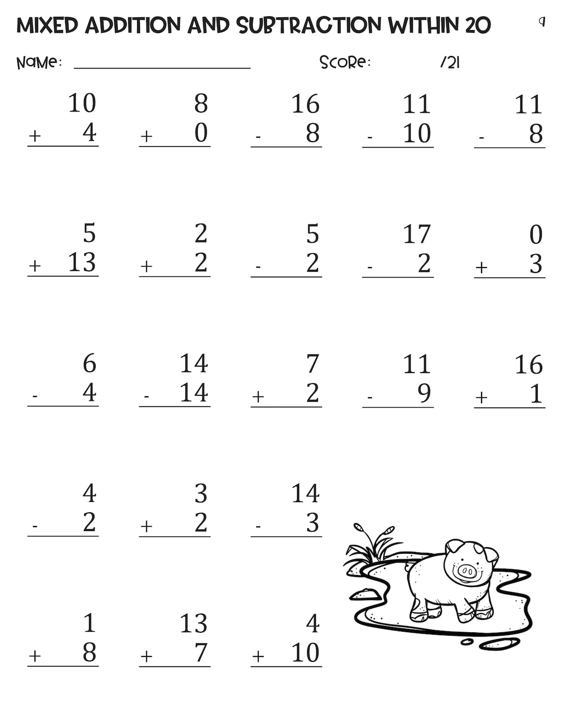 Farm Theme Mixed Addition and Subtraction Within 20 Worksheets - Etsy