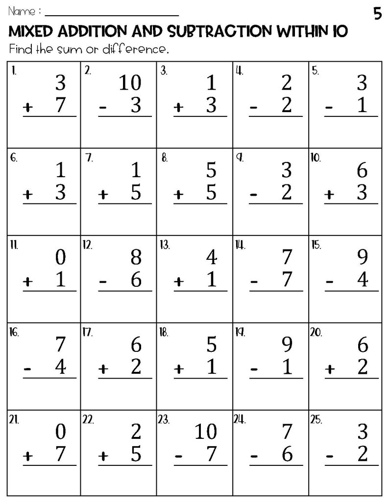 Mixed Addition and Subtraction Within 10 Worksheets - Etsy