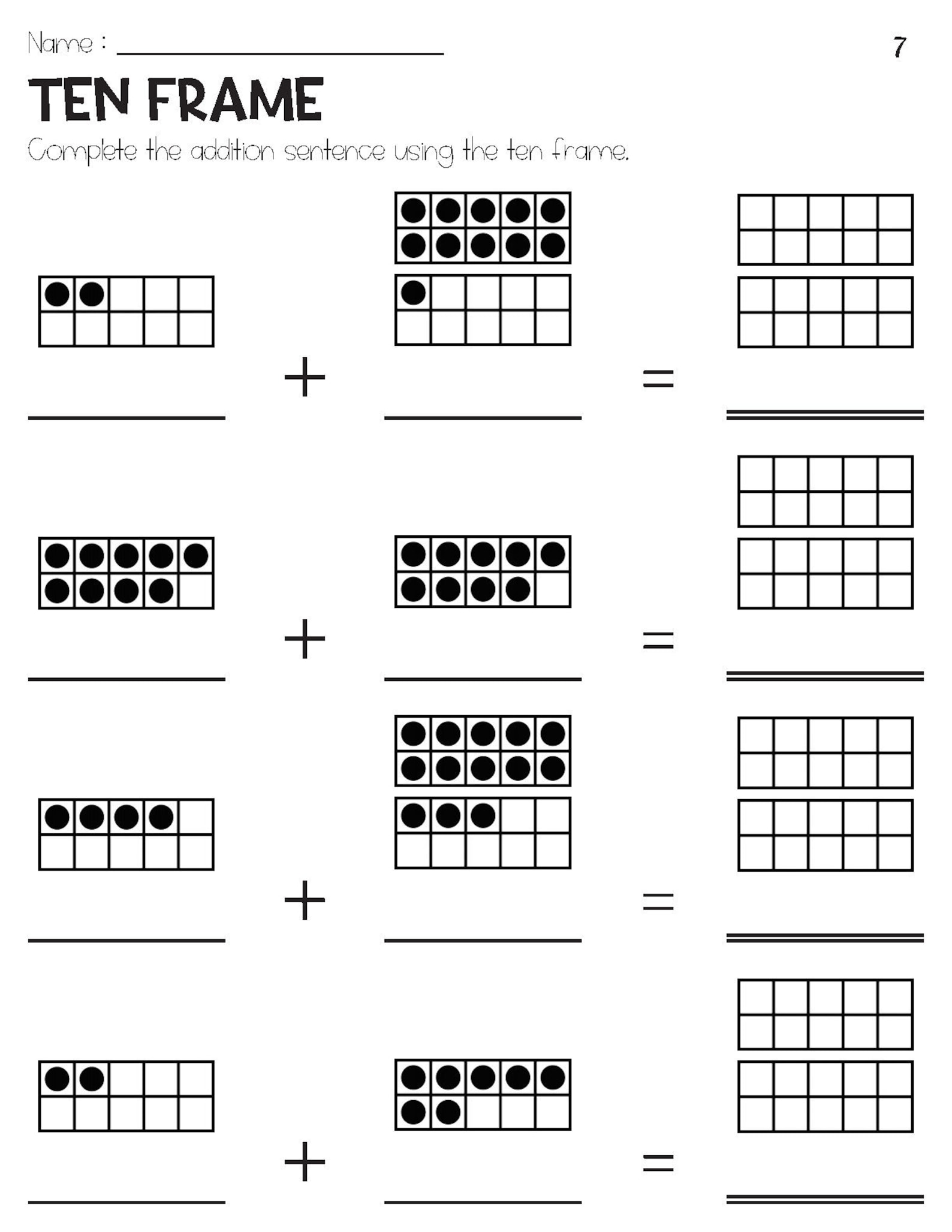 Addition Sums to 20 With Ten Frame Pictures Worksheets - Etsy