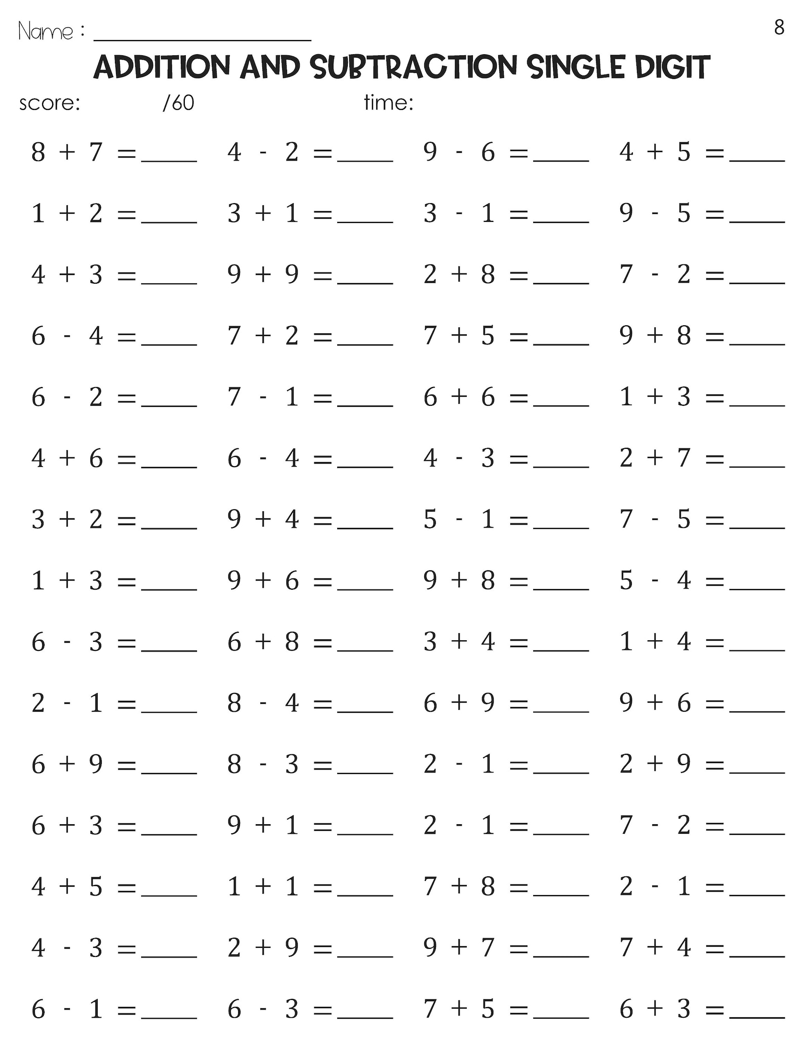 Addition and Subtraction Single Digit Math Timed Tests Speed Drills ...