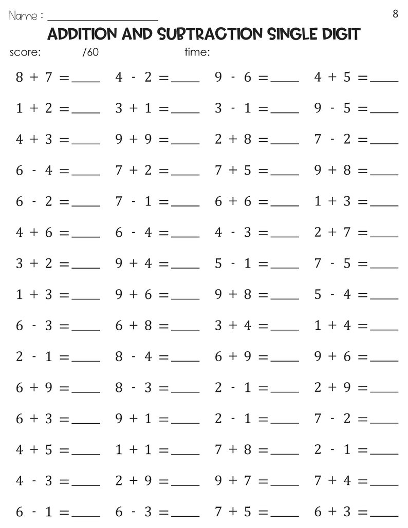 Addition and Subtraction Single Digit Math Timed Tests Speed Drills ...