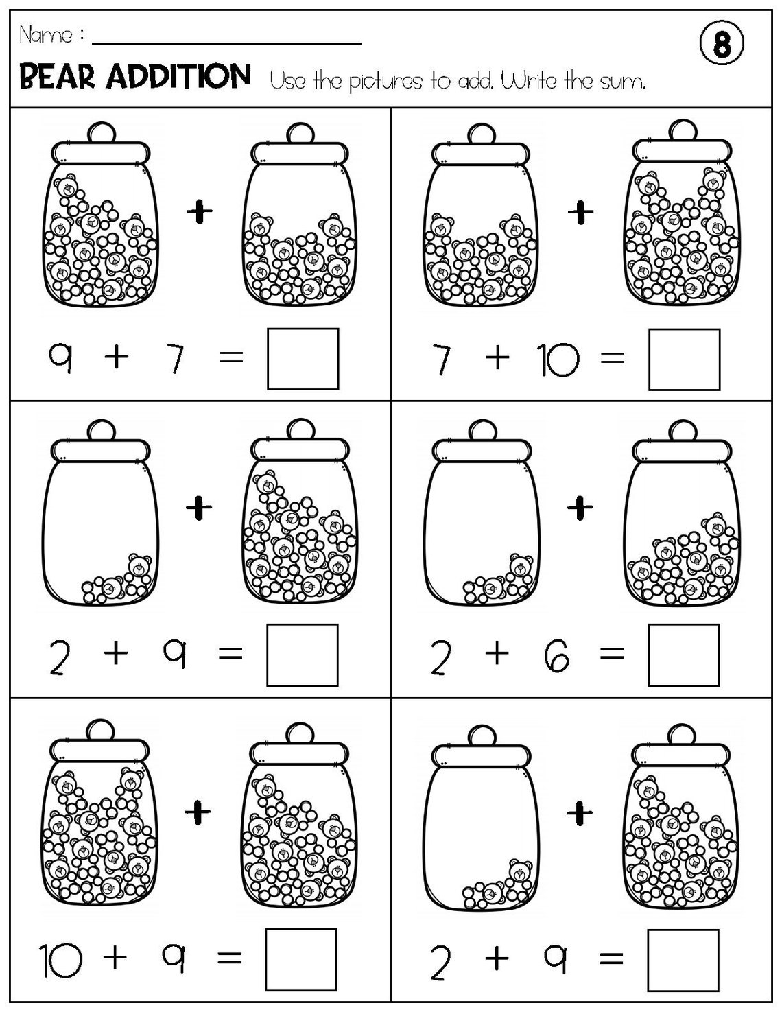 Addition With Pictures Sum up to 20 Worksheets - Adding Bears Pictures ...