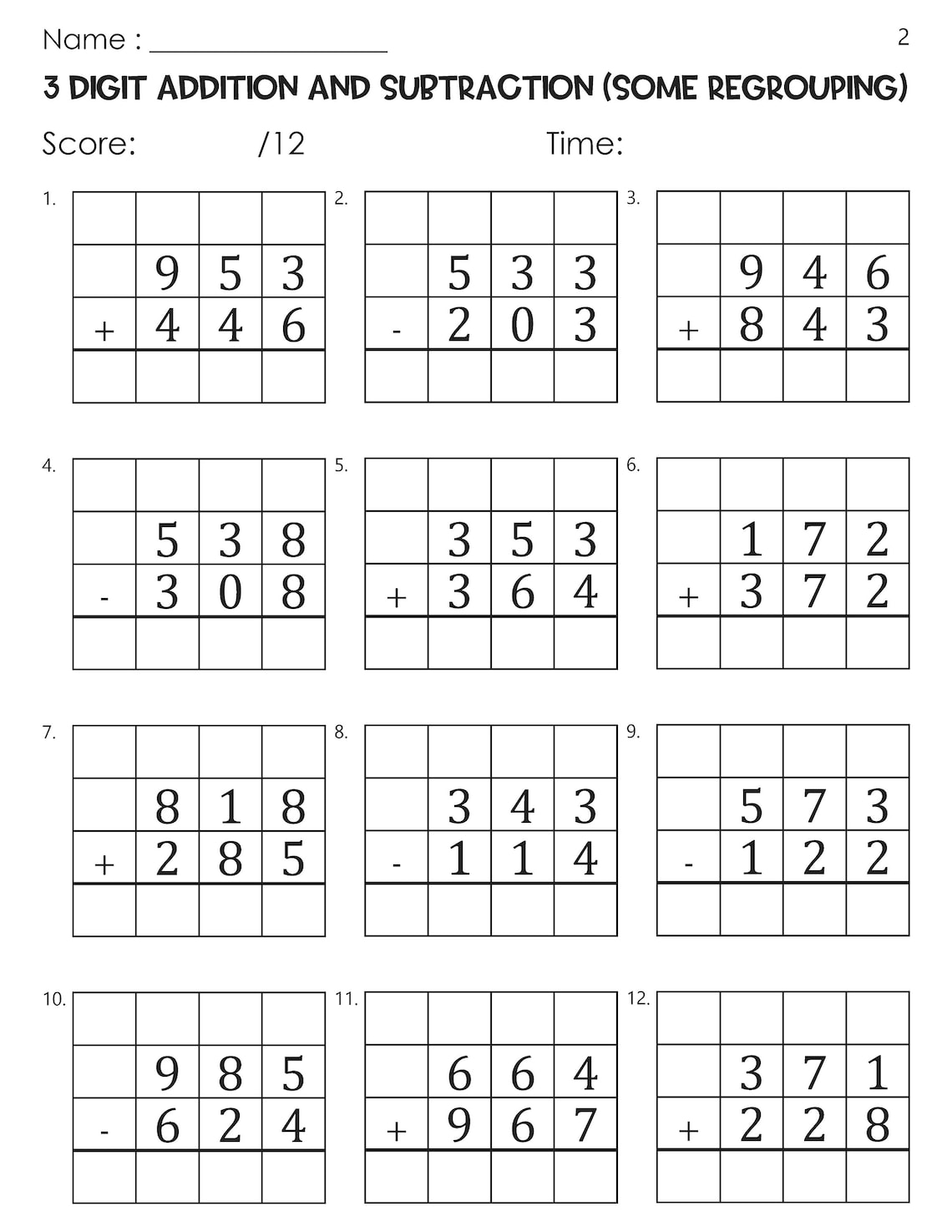 Three Digit Mixed Addition and Subtraction Some Regrouping With Grid ...