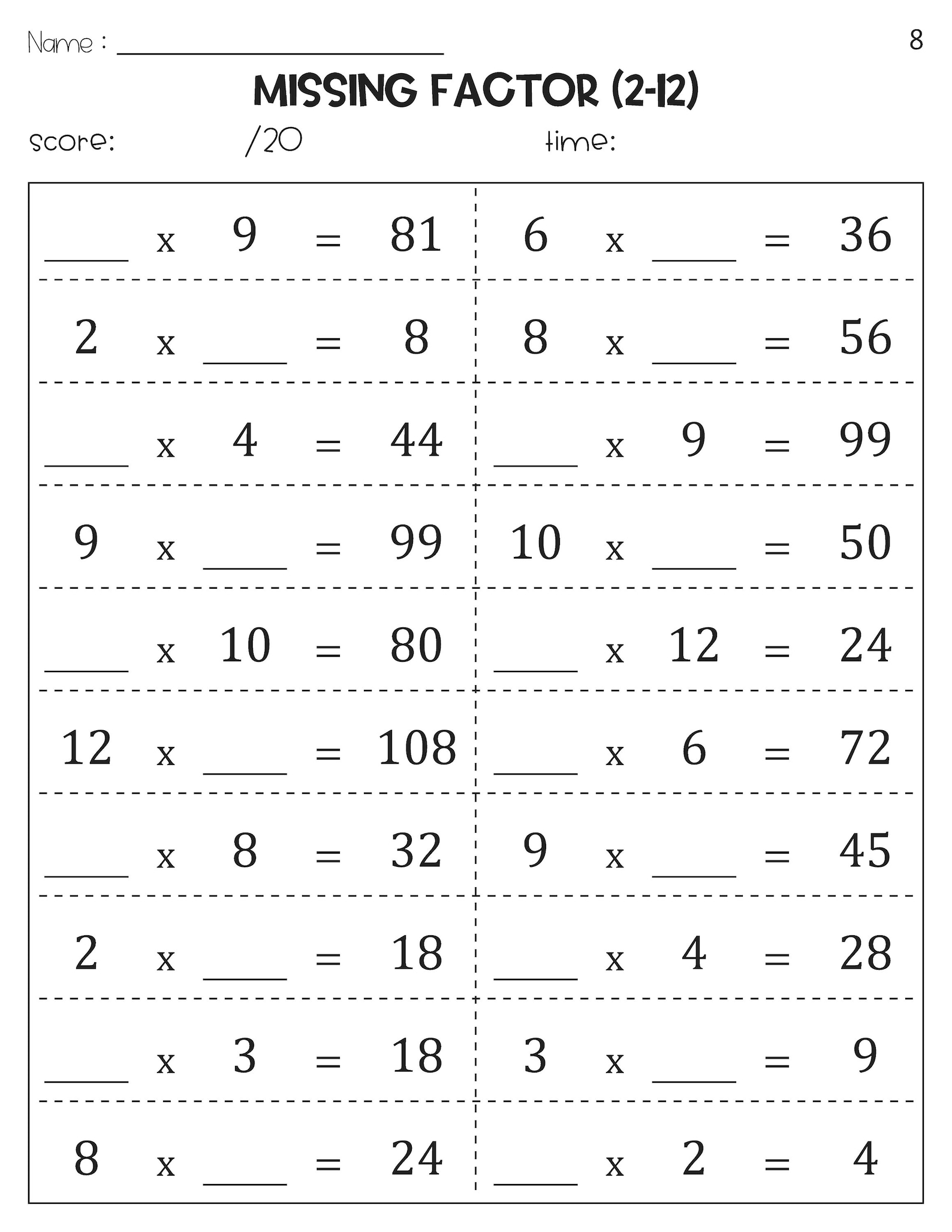 Missing Number Multiplication Factor Worksheets - Etsy