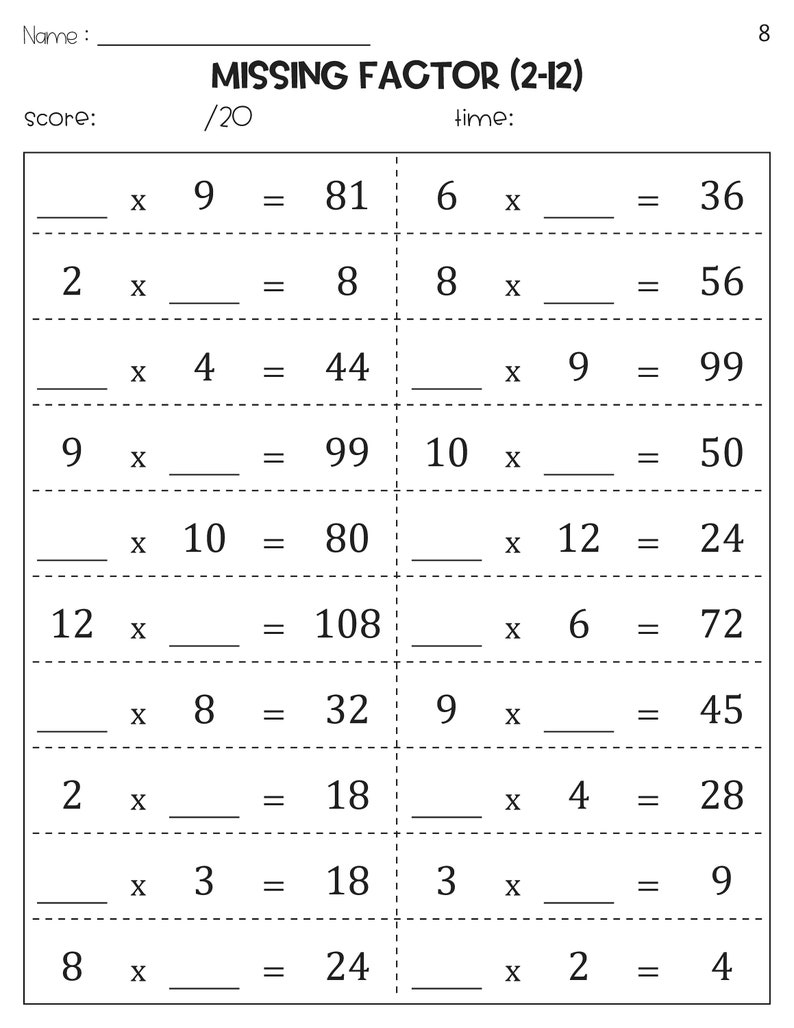 Missing Number Multiplication Factor Worksheets - Etsy