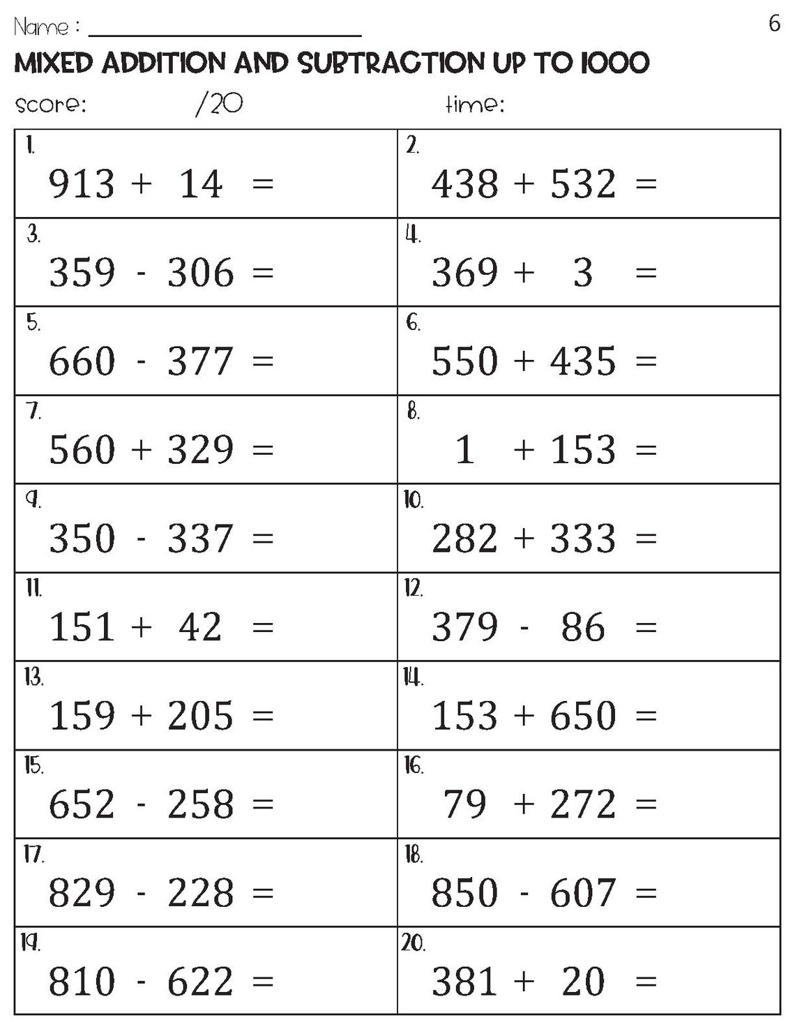 Horizontal Mixed Addition and Subtraction to 1000 Worksheets - Etsy