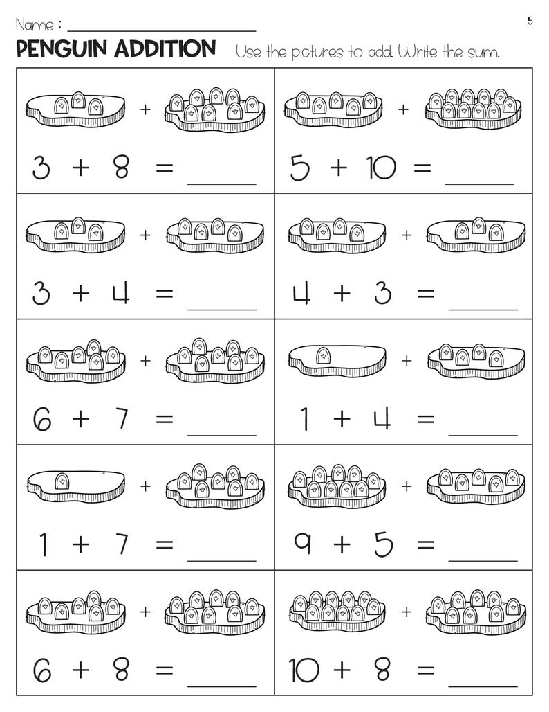 Addition With Pictures to 20 Worksheets - Adding Penguin - Etsy