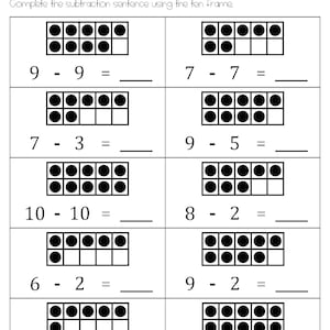Subtraction Within 10 With Ten Frame Pictures Worksheets - Etsy