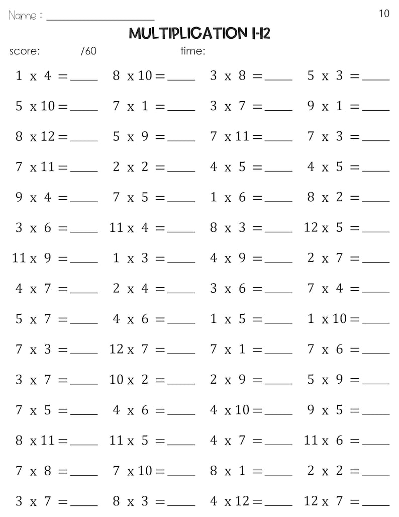 Multiplication 1-12 Math Timed Tests Speed Drills Worksheets - Etsy