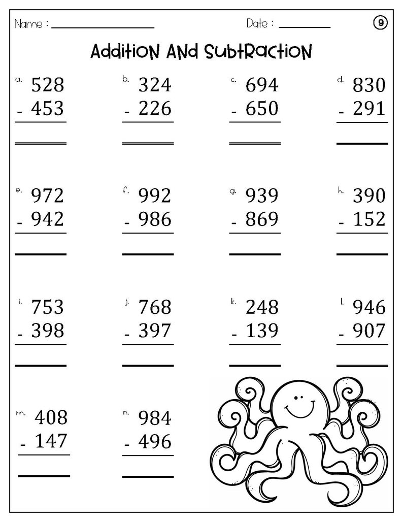 3 Digit Addition and Subtraction Worksheets - SET3 Ocean Theme Math ...