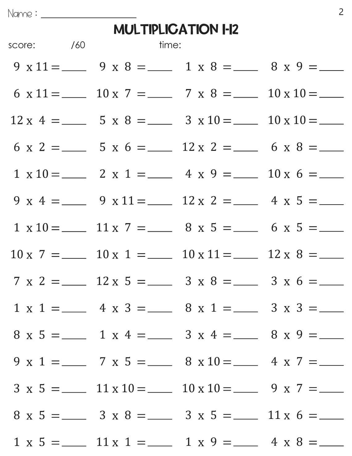 Multiplication 1-12 Math Timed Tests Speed Drills Worksheets - Etsy
