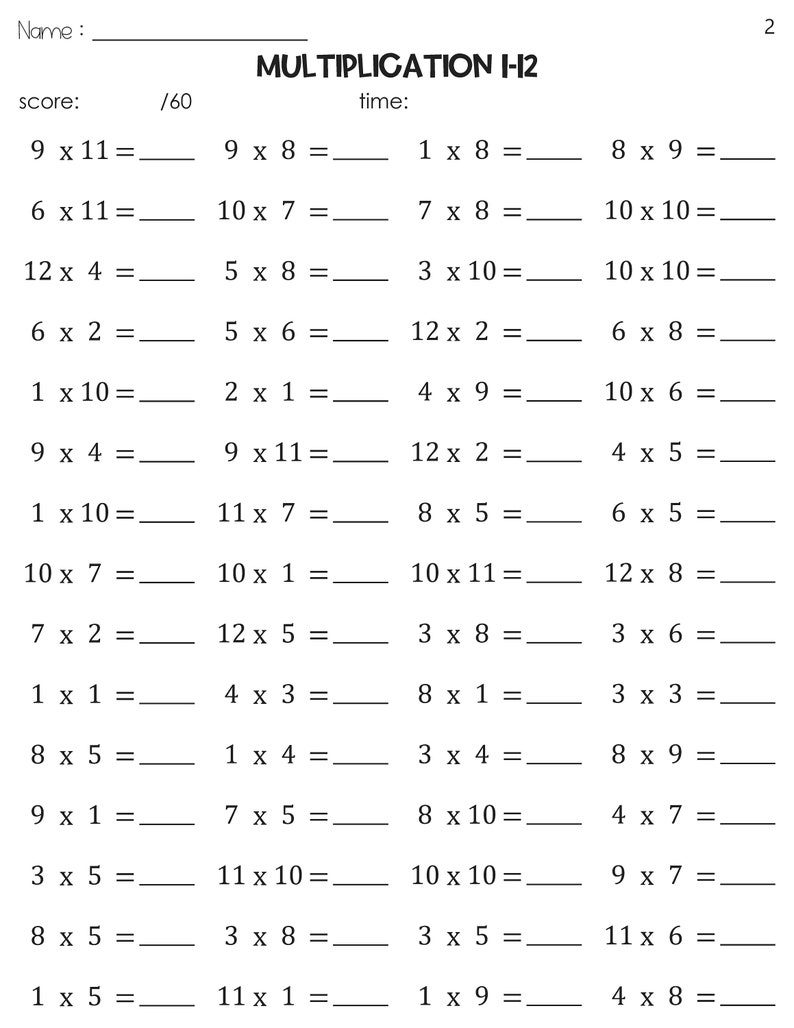 Multiplication 1-12 Math Timed Tests Speed Drills Worksheets - Etsy