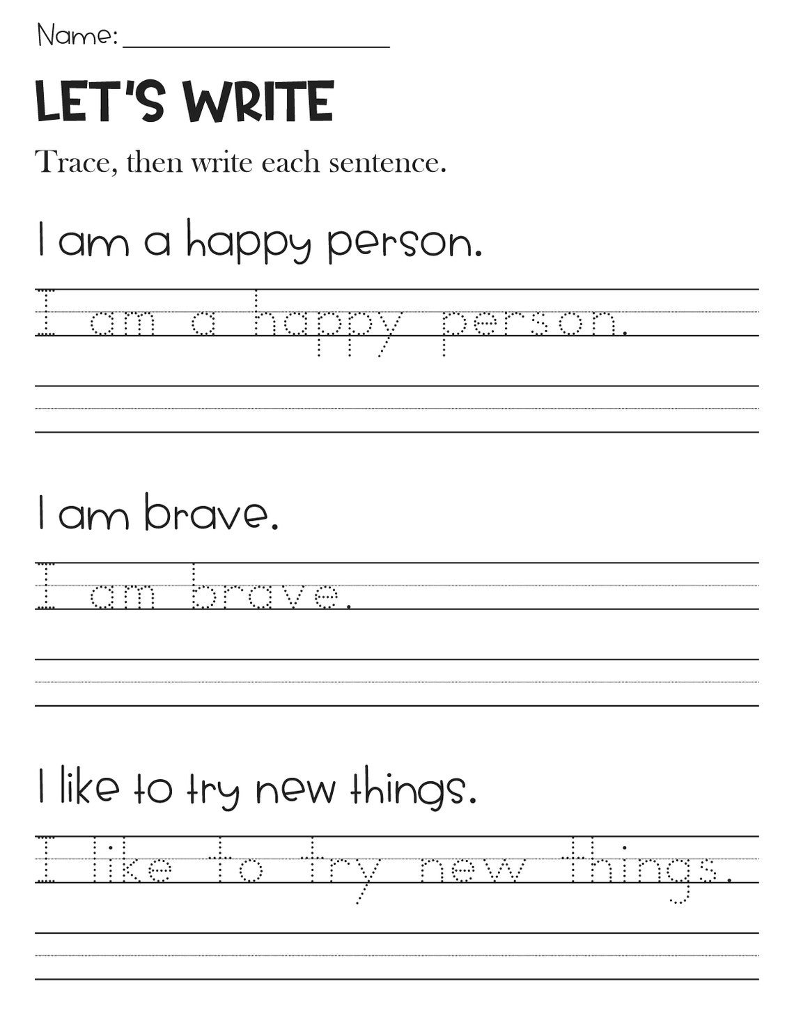 Sentence Writing and Tracing Handwriting Practice Worksheets - Positive ...
