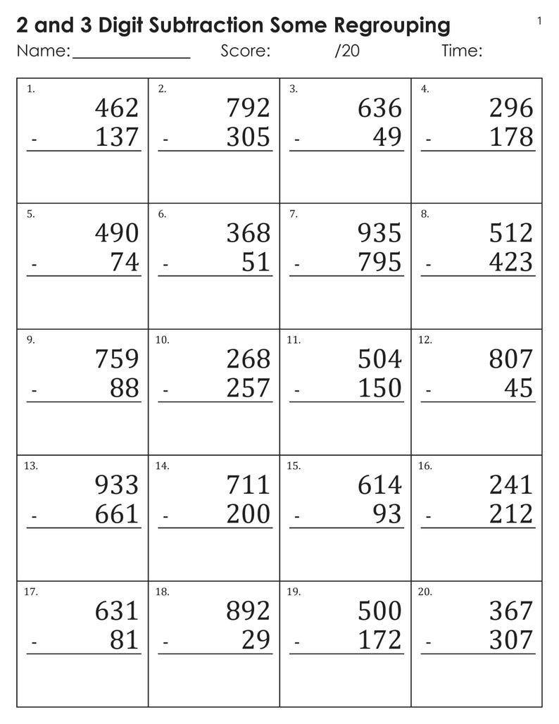 2 and 3 Digit Subtraction With Some Regrouping Worksheets - Etsy