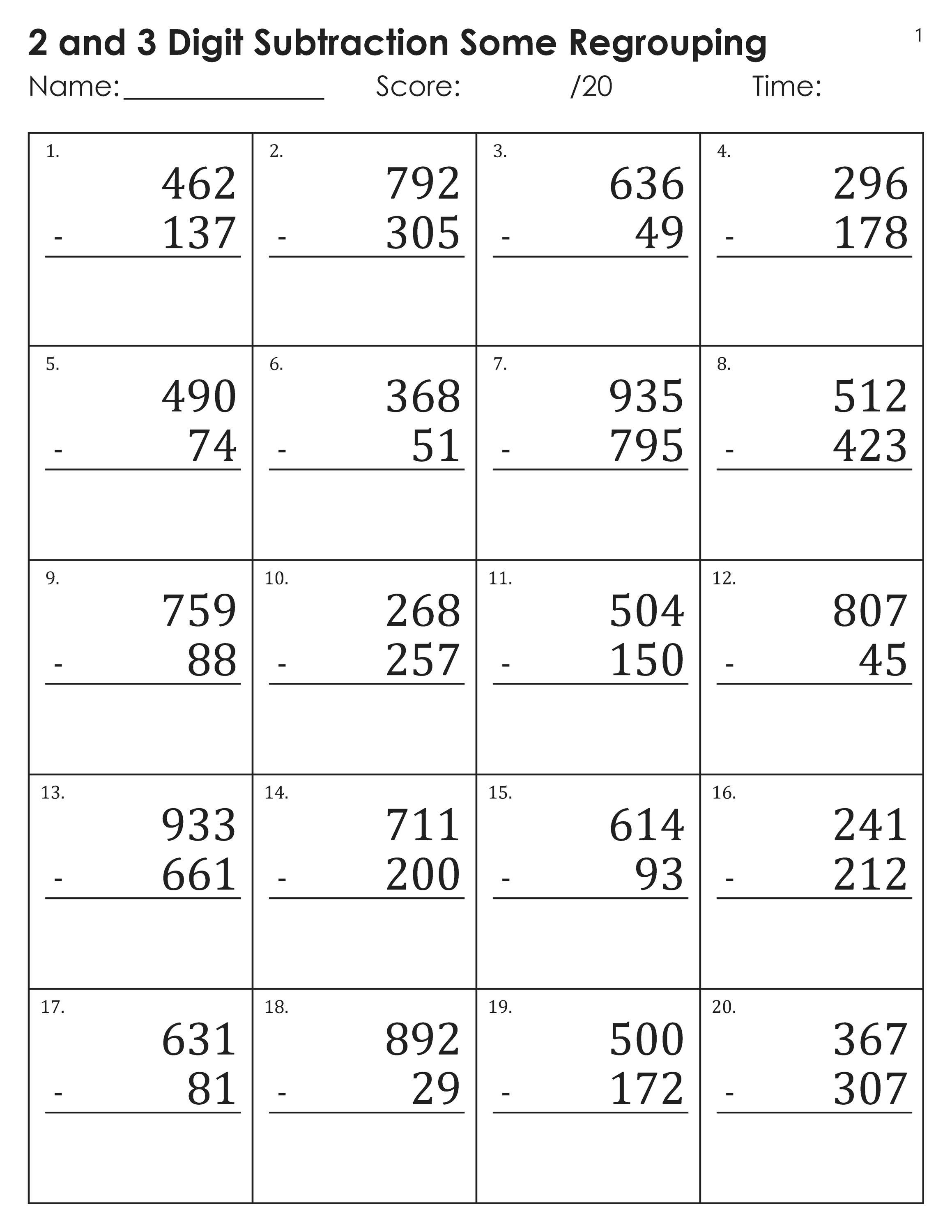 3 Digit Subtraction With Regrouping Worksheets 3rd Grade