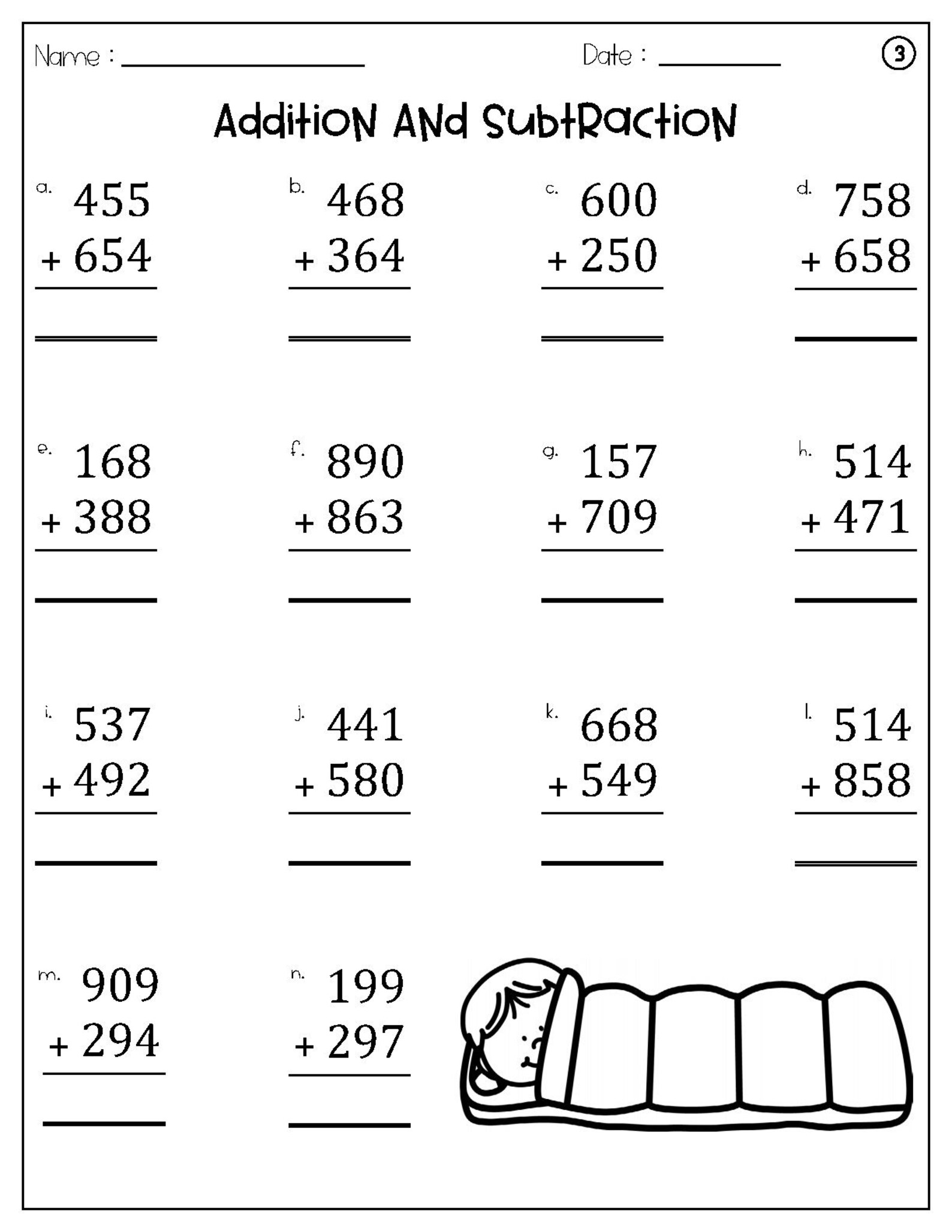 3 Digit Addition And Subtraction Worksheets SET1 Camping Etsy