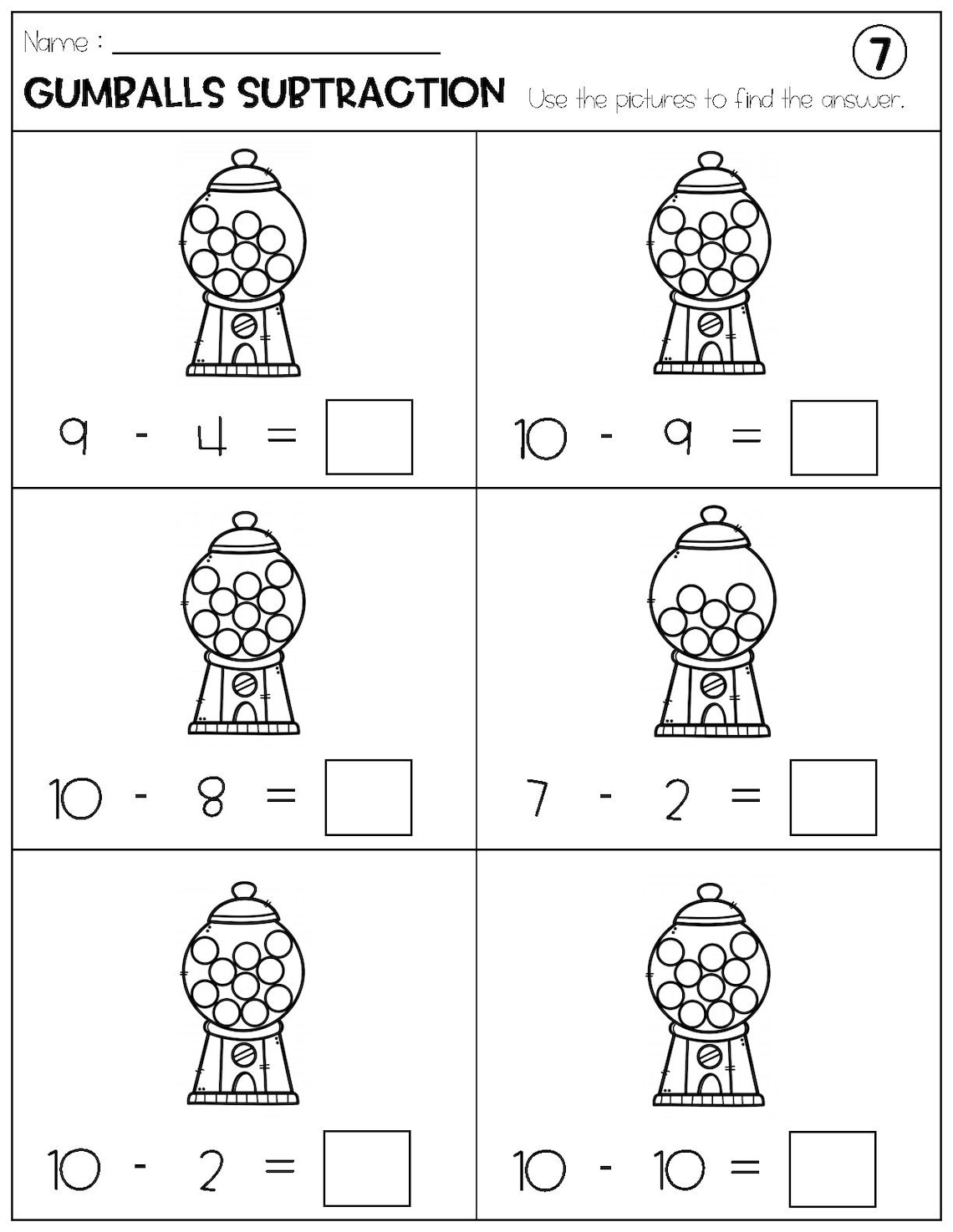 Subtraction With Pictures Within 10 Worksheets - Subtracting Gumballs ...
