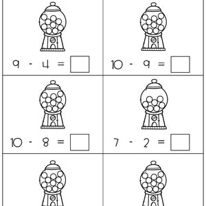 Subtraction With Pictures Within 10 Worksheets - Subtracting Gumballs ...