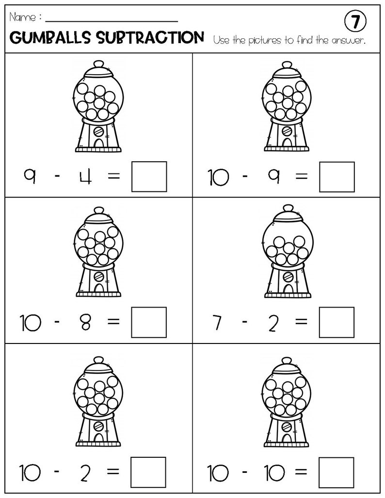 Subtraction With Pictures Within 10 Worksheets - Subtracting Gumballs ...
