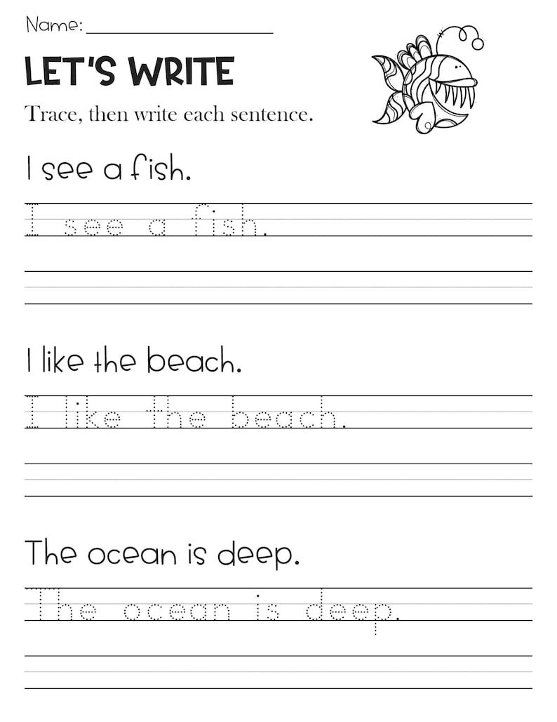 Sentence Writing and Tracing Handwriting Practice - Ocean Theme - Etsy