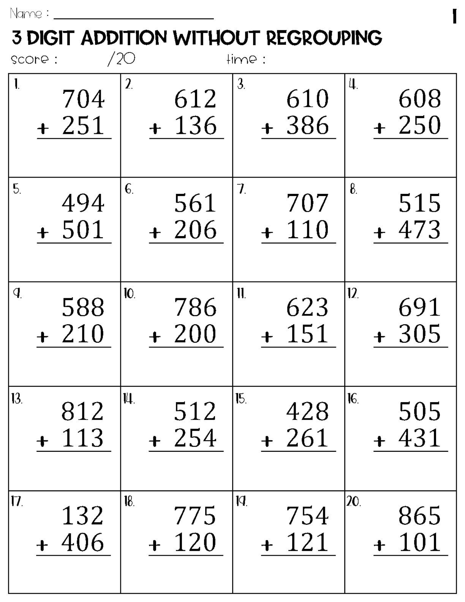 Three Digit Addition Without Regrouping Worksheets - Etsy