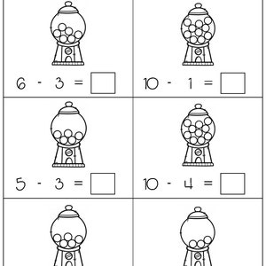 Subtraction With Pictures Within 10 Worksheets - Subtracting Gumballs ...