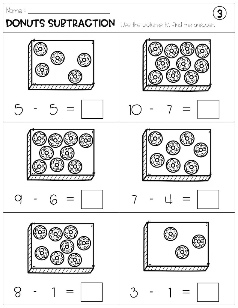 Subtraction With Pictures Within 10 Worksheets - Subtracting Donuts ...