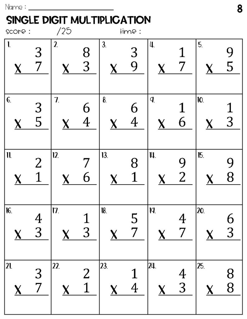 Single Digit Multiplication Worksheets - Etsy