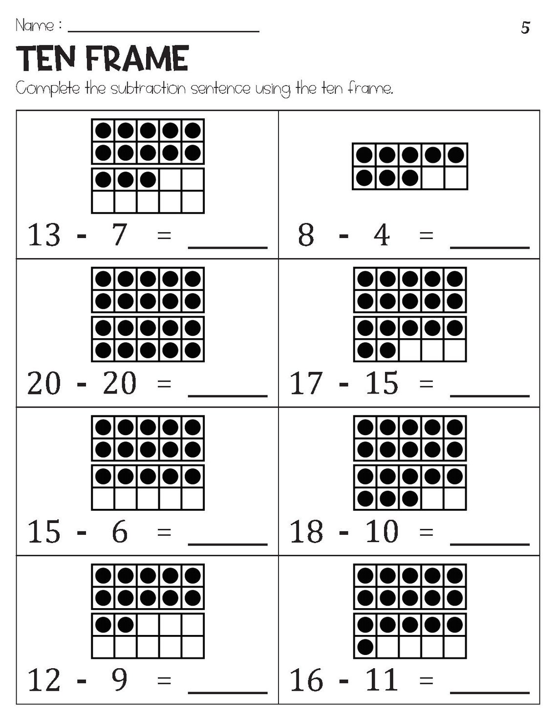 Subtraction Within 20 With Ten Frame Pictures Worksheets - Etsy