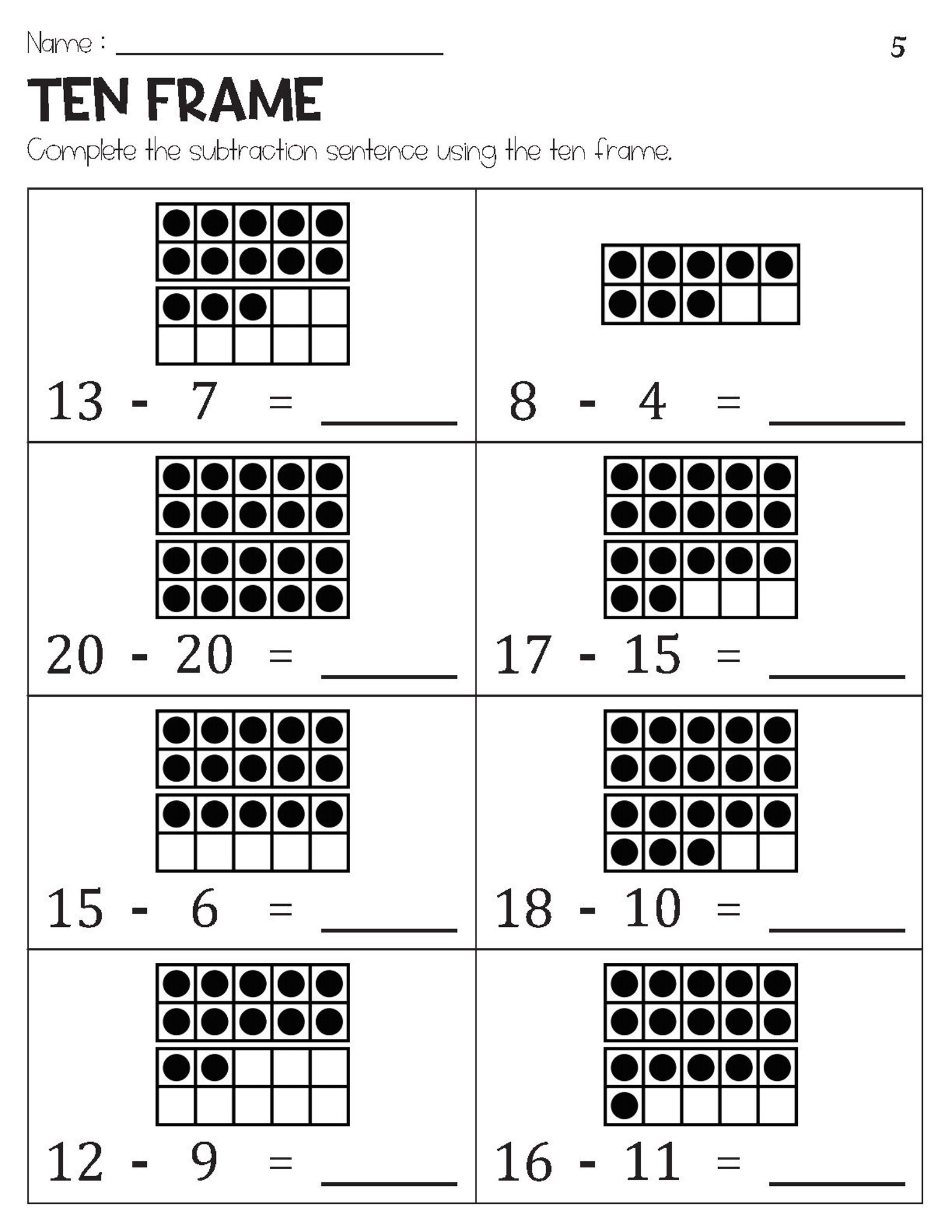 Subtraction Within 20 With Ten Frame Pictures Worksheets - Etsy