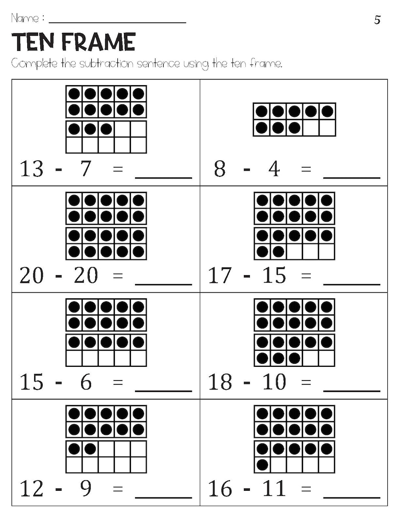 Subtraction Within 20 With Ten Frame Pictures Worksheets - Etsy