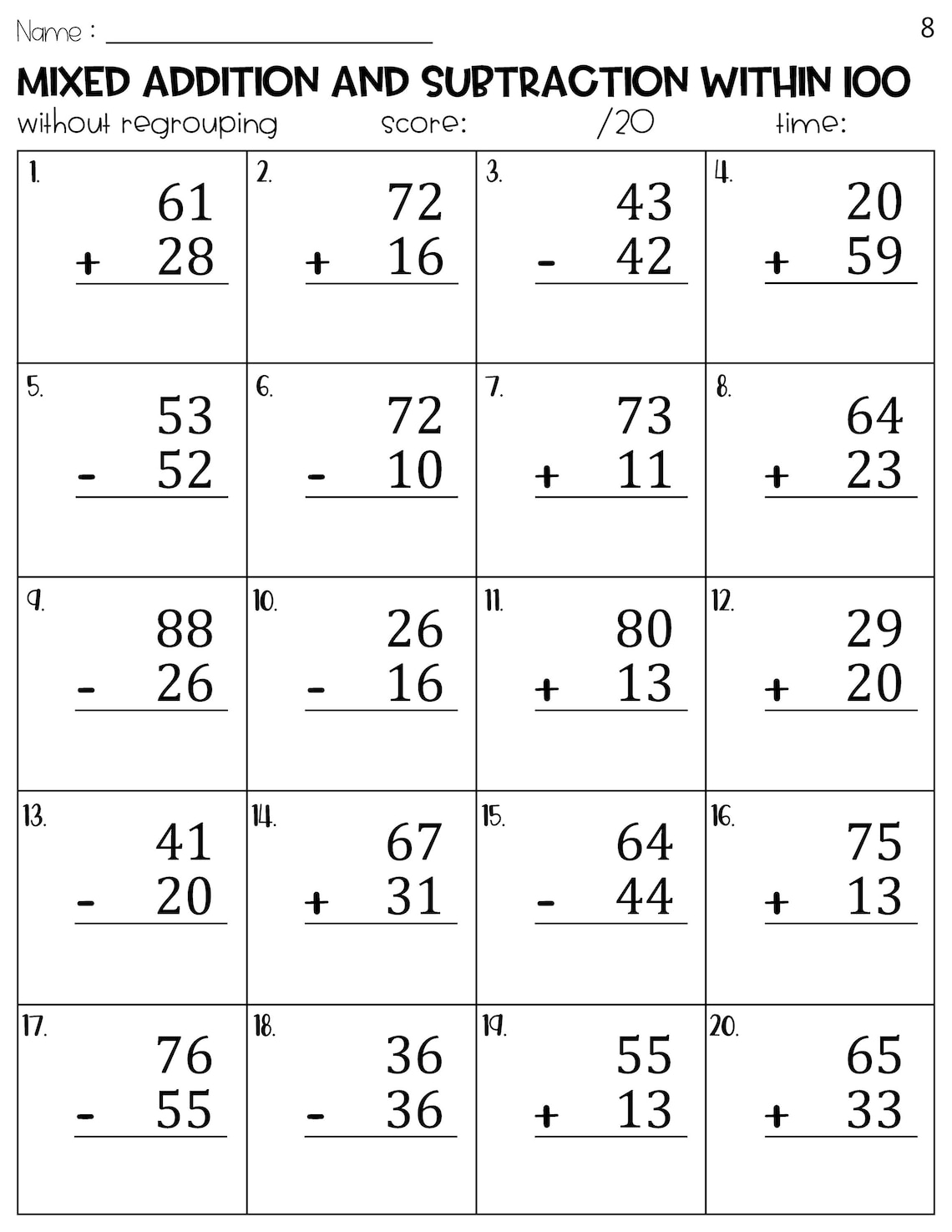 Mixed Addition and Subtraction Within 100 Without Regrouping Worksheets ...