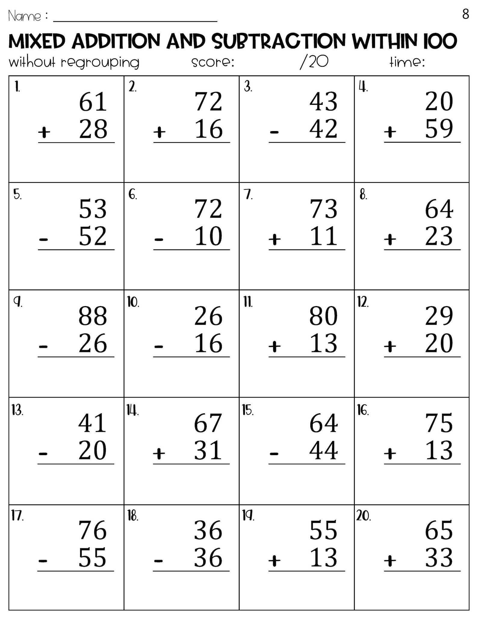 Mixed Addition and Subtraction Within 100 Without Regrouping Worksheets ...