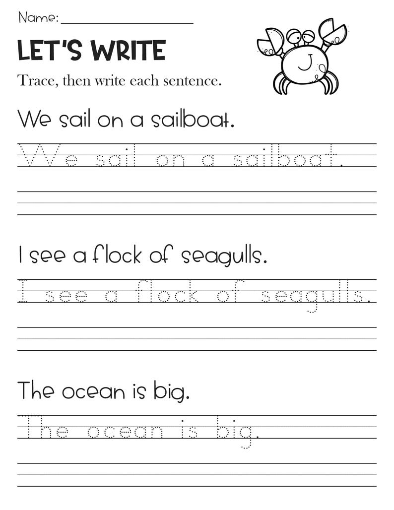 Sentence Writing and Tracing Handwriting Practice - Ocean Theme - Etsy