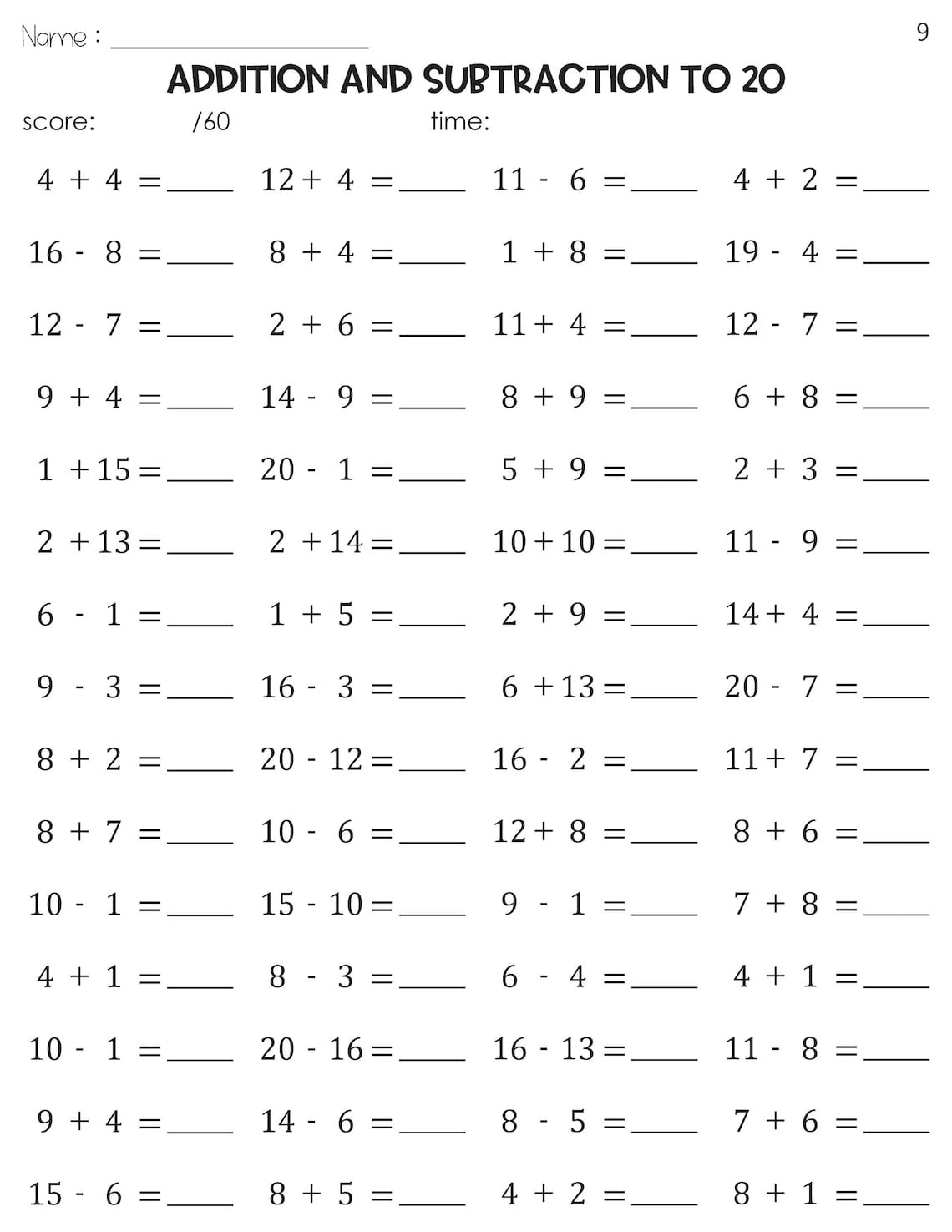 Math Fact Fluency Addition and Subtraction to 20 Timed Tests Practice ...