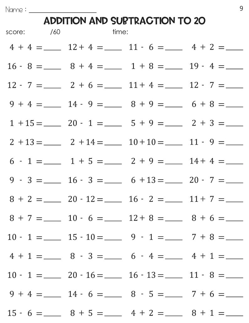 Math Fact Fluency Addition and Subtraction to 20 Timed Tests Practice ...