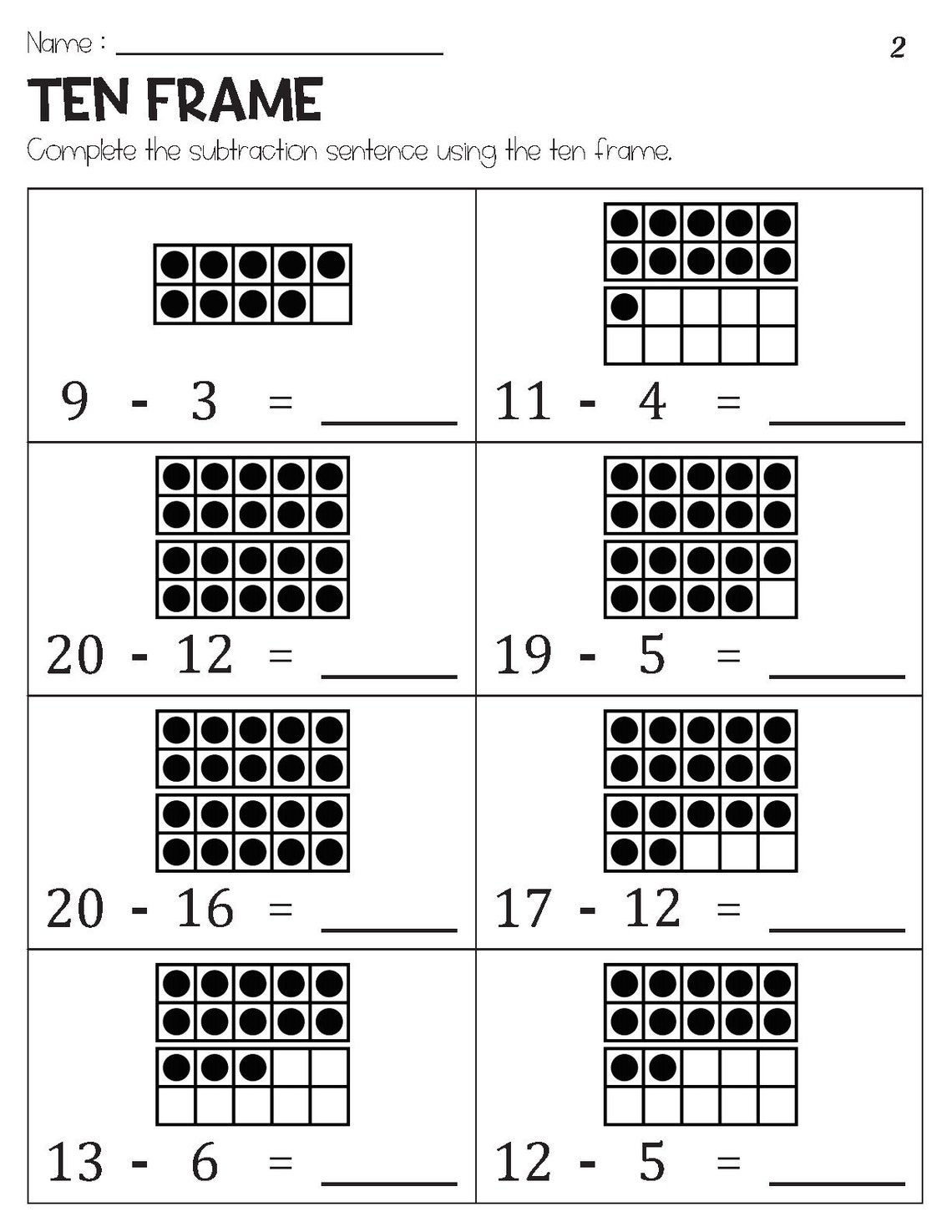 Subtraction Within 20 With Ten Frame Pictures Worksheets - Etsy