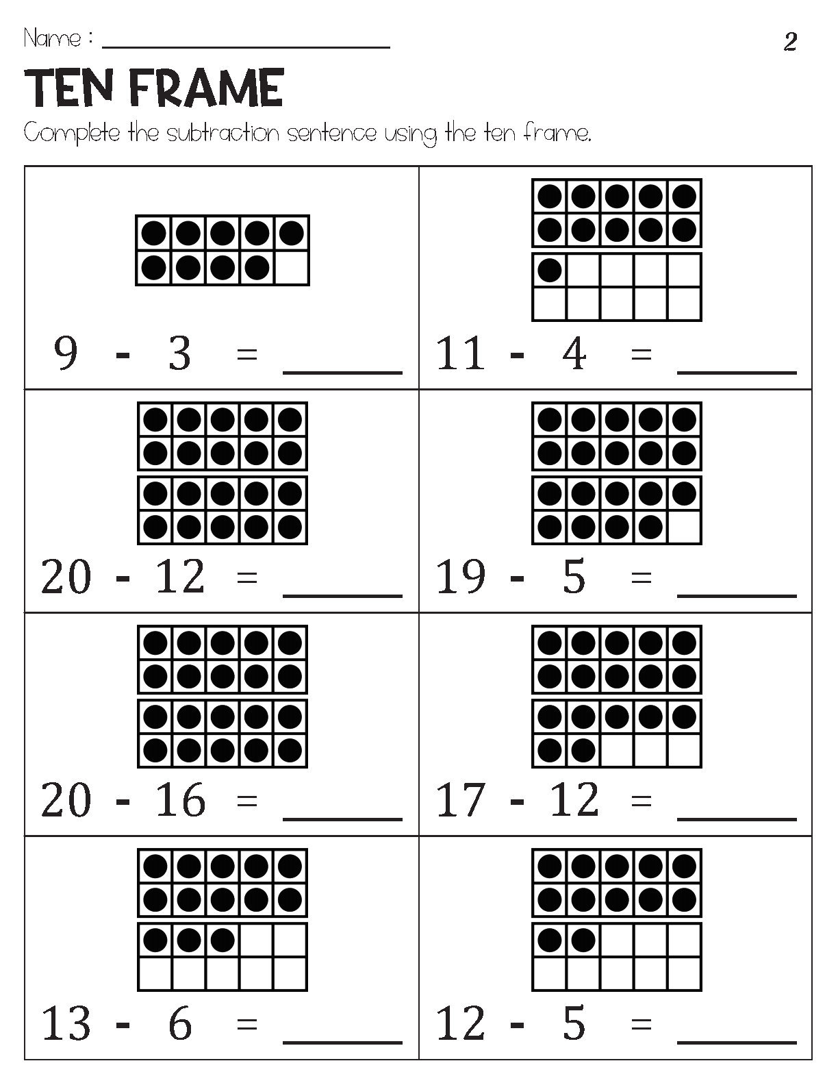 Subtraction Within 20 With Ten Frame Pictures Worksheets - Etsy