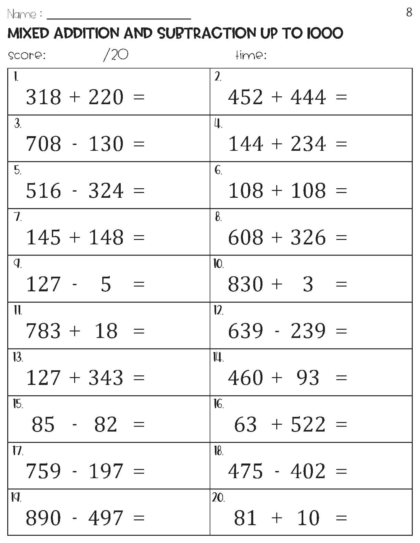 Horizontal Mixed Addition and Subtraction to 1000 Worksheets - Etsy