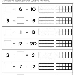 Missing Addends to 20 With Ten Frame Worksheets - Etsy