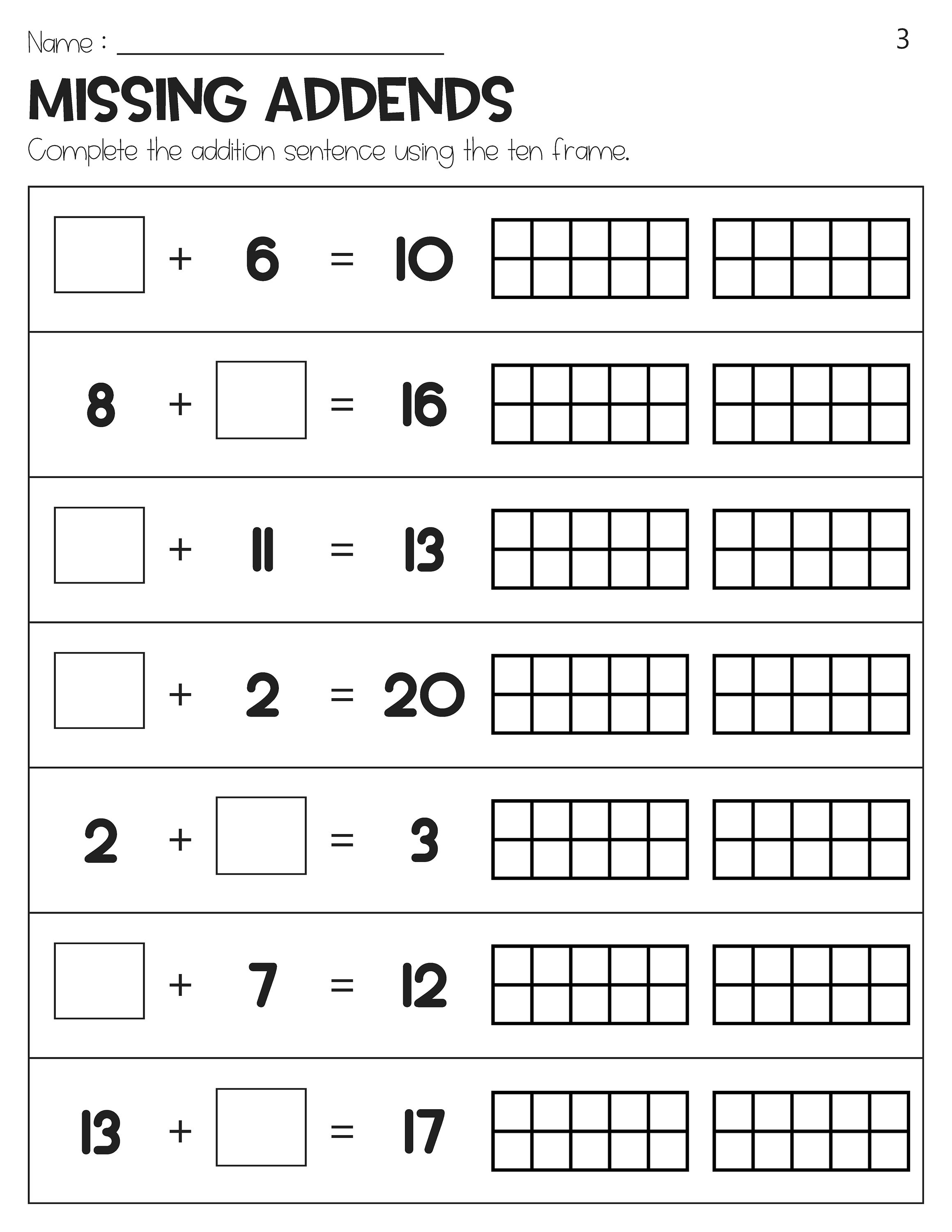 Missing Addends to 20 With Ten Frame Worksheets - Etsy